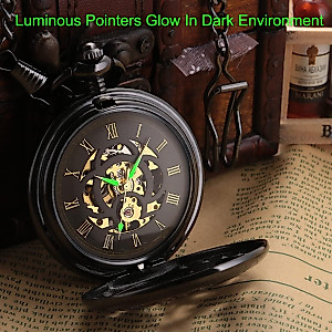 SIBOSUN Mechanical Pocket Watches Mens Lucky Phoenix and Dragon Skeleton Pocket Watch Black Antique Roman Numerals Box