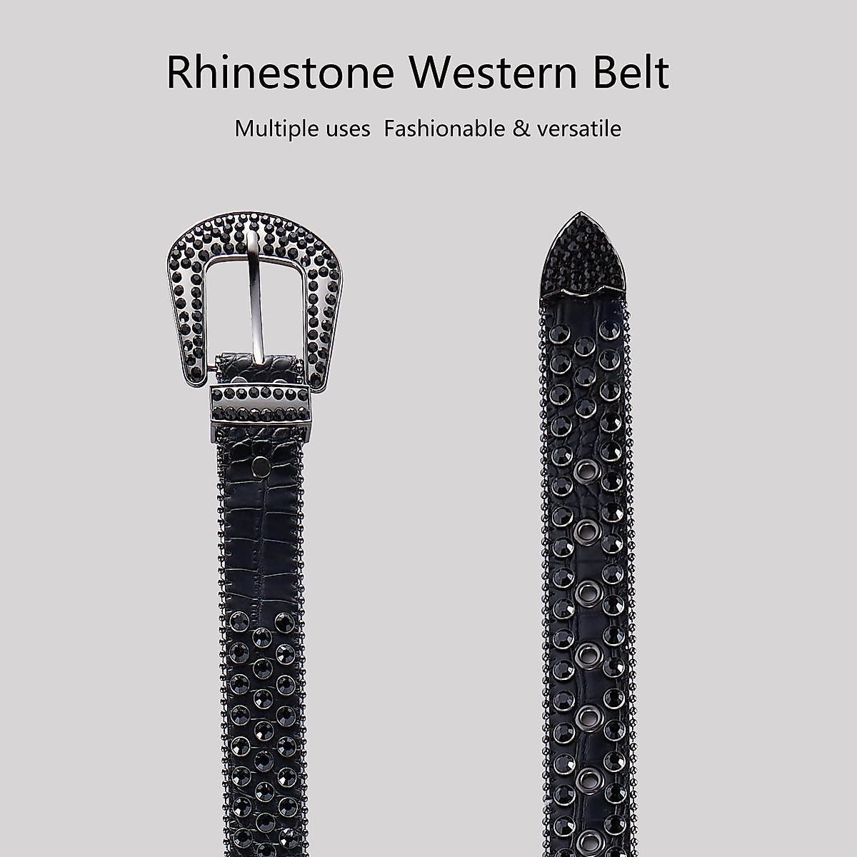 Rhinestone Belts for Men Women Bling Studded Belt With Metal Buckle Western Cowboy Punk Belt For Jeans Pants Jacket (Black-02, M Fit Waist:30-34inches（41.3" Length）)