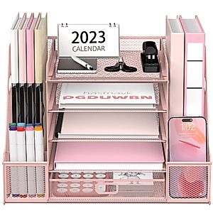 SUPEASY Mesh Desk Organizer with File Holder, 5-Tier Paper Letter Tray Organizer with Magazine Holder, Desktop Organizer and Storage with Drawer for Office Supplies Home or School, Pink