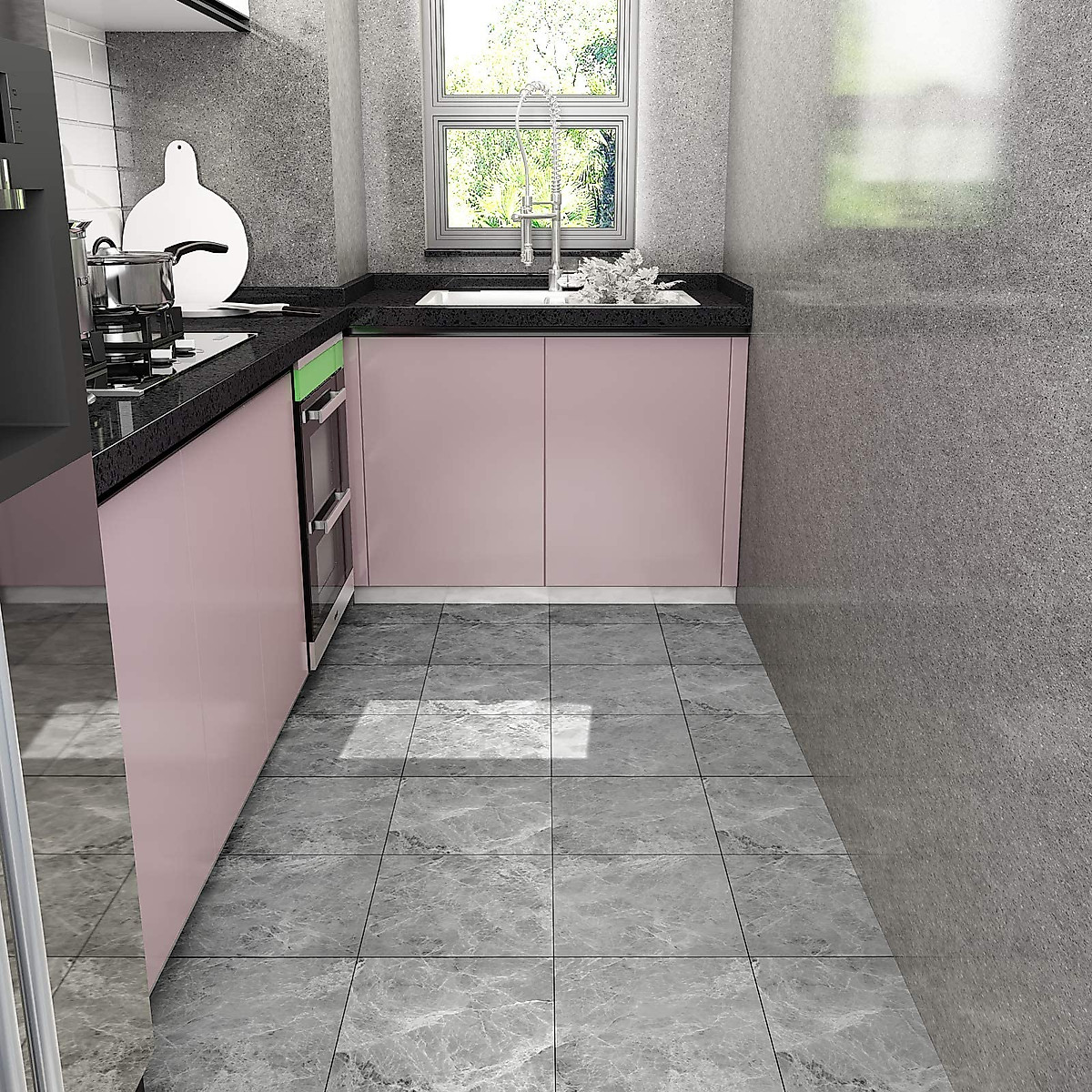 VEELIKE Vinyl Floor Tiles Peel and Stick 12''x12'' Dark Grey Marble Flooring Tiles Self Adhesive Waterproof Floor Vinyl Sticker Tiles Decorative for Bedroom Bathroom Kitchen Walls Basement 4 Pack