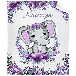 Abhibhu Elephant Purple Floral Custom Baby Blanket, Soft Cozy Fleece, XS for Babies, Personalized Name Blanket Gifts for Newborn Baby Shower