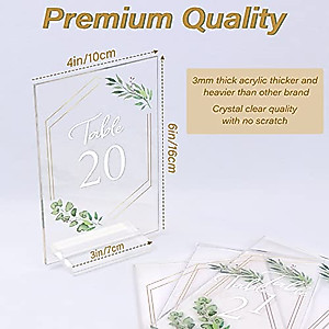 AerWo Acrylic Wedding Table Numbers 1-20 with Stands, 4x6 inches Clear Sign Place Cards with Gold Trim Green Floral Theme, Rustic Table Numbers for Wedding Reception Anniversary Baby Bridal Shower
