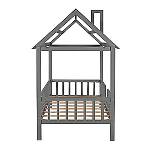 Merax House Bed Frames for Boys and Girls,Wood Twin Bed Frame House-Shaped Bed Platform Bed Frame with Roof Windows and Full-Length Safety Rails, Twin Size