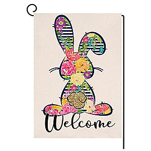Welcome Spring Easter Bunny Garden Flag Vertical Double Sided Burlap Yard Colorful Flower Rabbit Outdoor Decor 12.5 x 18 Inches