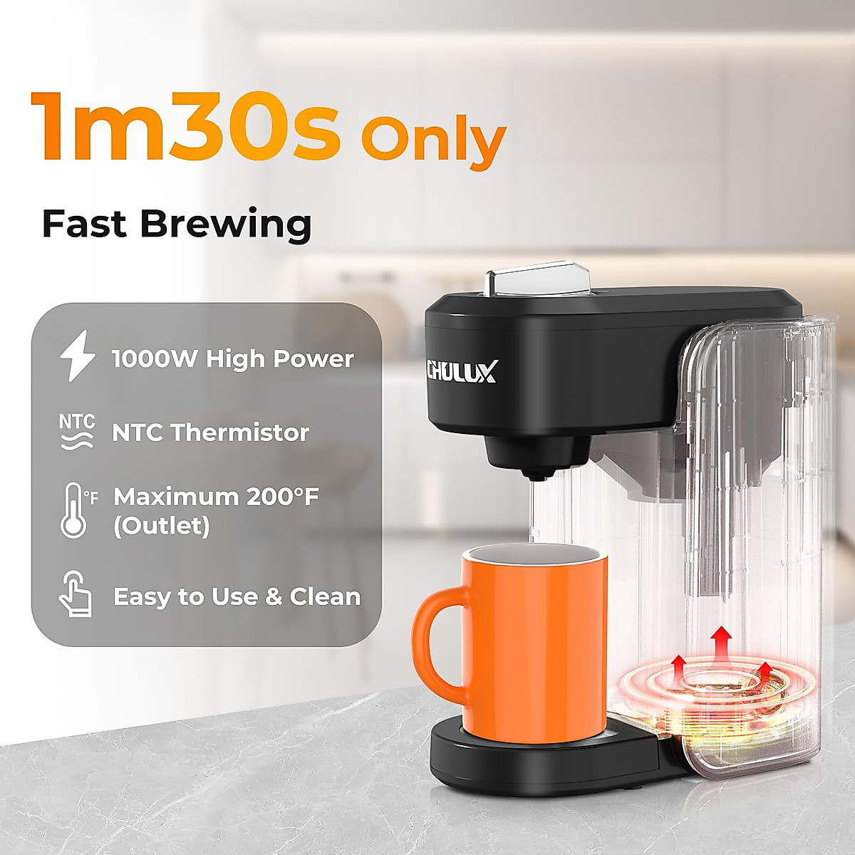 CHULUX 1000W Compact Single Serve Coffee Maker, Instant One Cup Coffee Pod Maker for K Cup & Ground Coffee, Stainless Steel Capsule Coffee Machine, 90s Fast Brewing