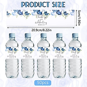 URROMA Wedding Water Bottle Labels, 50 Pcs Thank You White and Blue Rose Water Bottle Wraps Water Bottle Stickers for Birthday Baby Shower