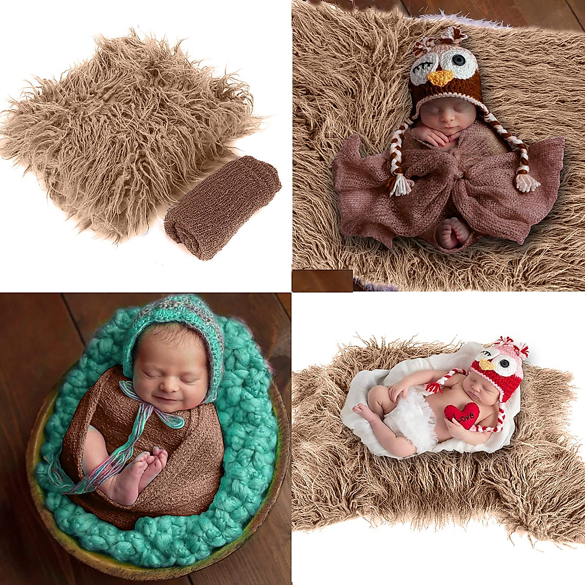 2Pcs Baby Newborn Photo Props Wraps & Photography Mat, DIY Newborn Baby Photo Blanket Swaddle Photography Props Wraps, Infant Soft Faux Fur Photography Backdrops Mat Rug for Baby Boys Girls