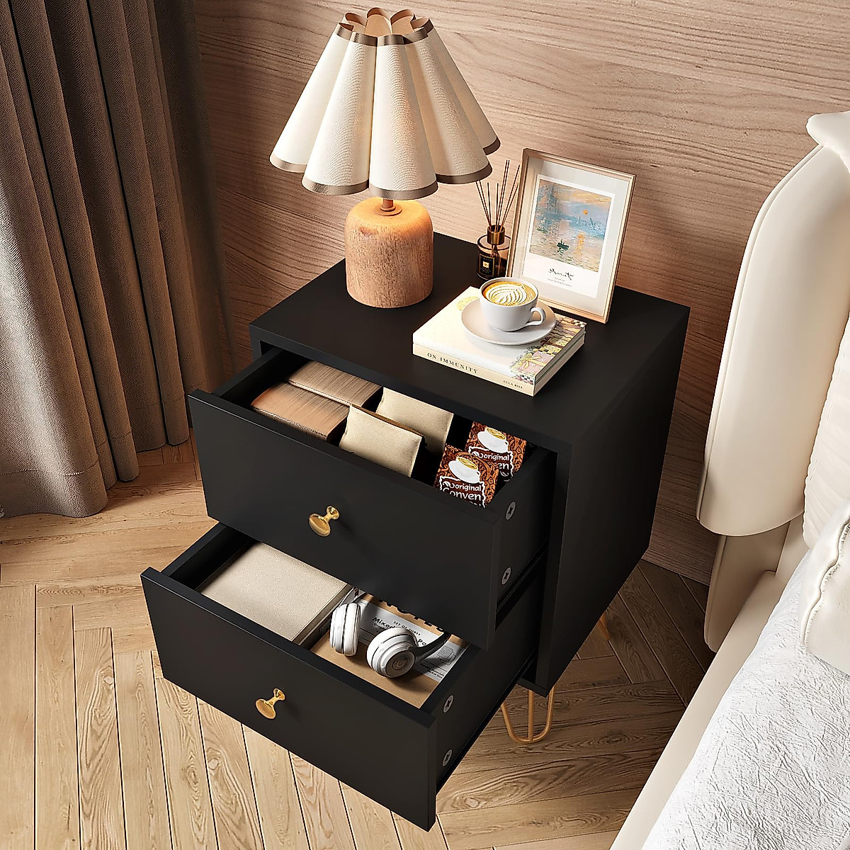 Tradare Black Nightstand Set of 2, Black and Gold Night Stand with 2 Drawers, Modern End Table with Metal Legs and Gold Handles, Bedside Table for Bedroom, Hallway