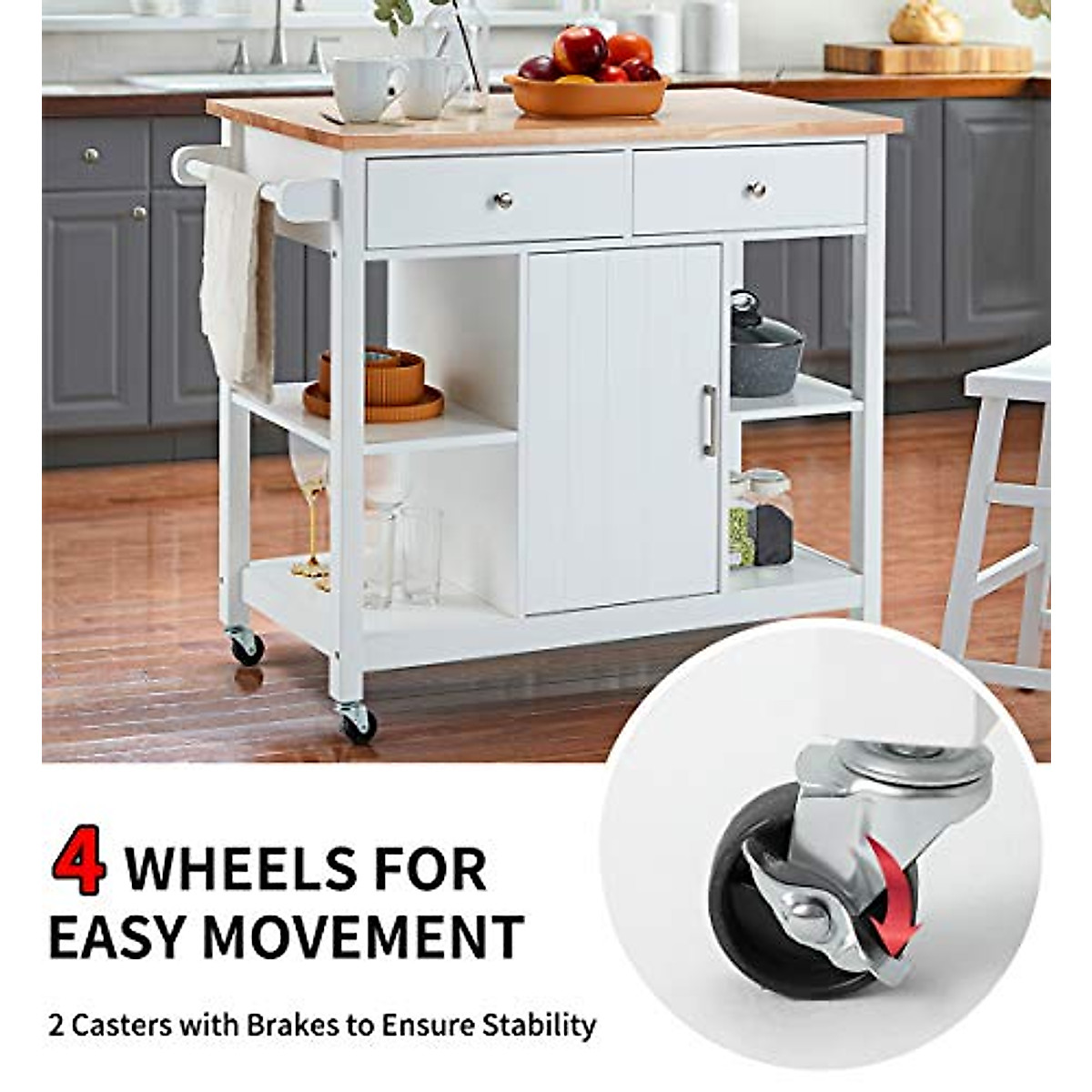 KVK Rolling Kitchen Island Cart with Towel Rack, Large Drawers, Compartment Cabinets, Open Storage Shelves, Kitchen Cart with Rubber Wood Top, Pine Legs, Lockable Wheels, White (SJHM-013WH)