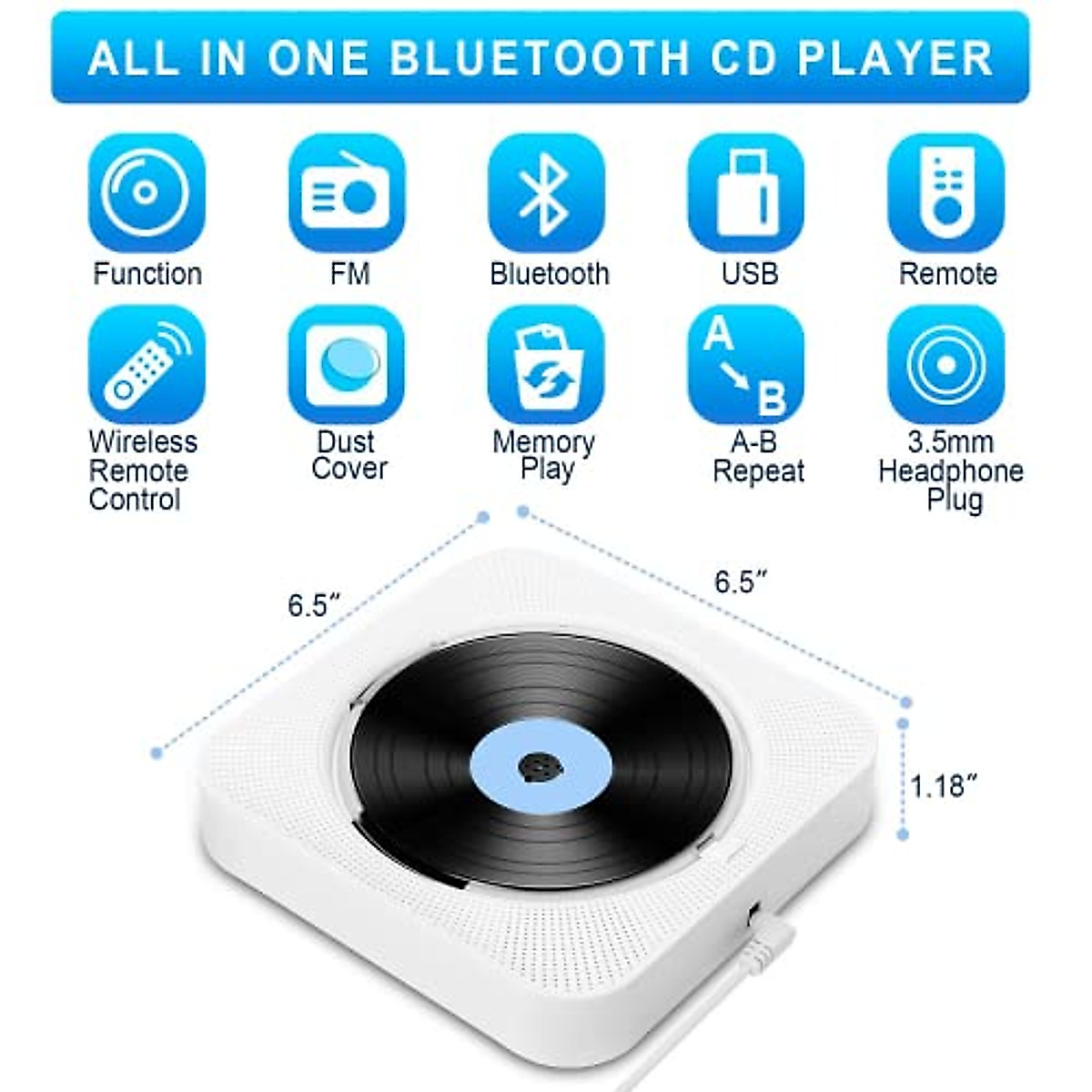 CD Player Portable with Bluetooth - Wall Mountable & Desktop Stand CD Players Music Player Home Audio Boombox with Remote Control FM Radio Built-in HiFi Speakers LCD Display MP3 Headphone AUX Jack