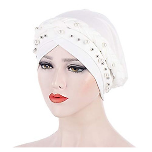 Fxhixiy Women Hijab Beading Pearl Braid Turban Hat Head Scarf Cancer Chemo Beanies Bandana Headwrap Cap (White)
