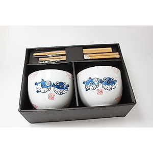 ラーメンボウル [Set of 2] Japanese Porcelain Ceramic Bowls w Chopsticks Ramen Soup Noodle Porridge Menudo Ramen Udon Pasta Cereal Ice cream Pho Rice Instant Noodle ~ We Pay Your Sales Tax (Puffer Fish)
