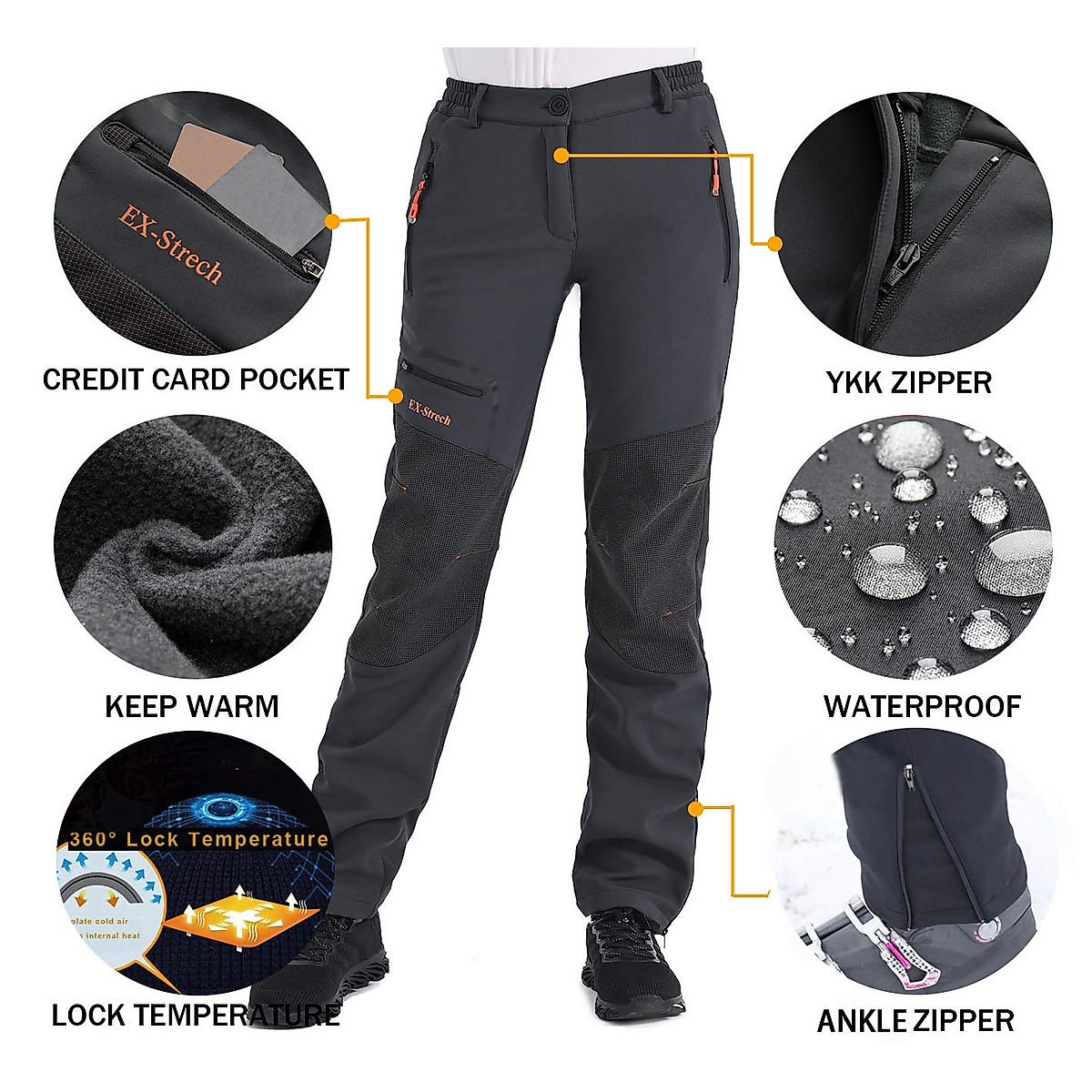 Postropaky Womens Outdoor Snow Ski Pants Waterproof Hiking Insulated Softshell Pants Snowboard Zipper Bottom Leg(Grey8S)