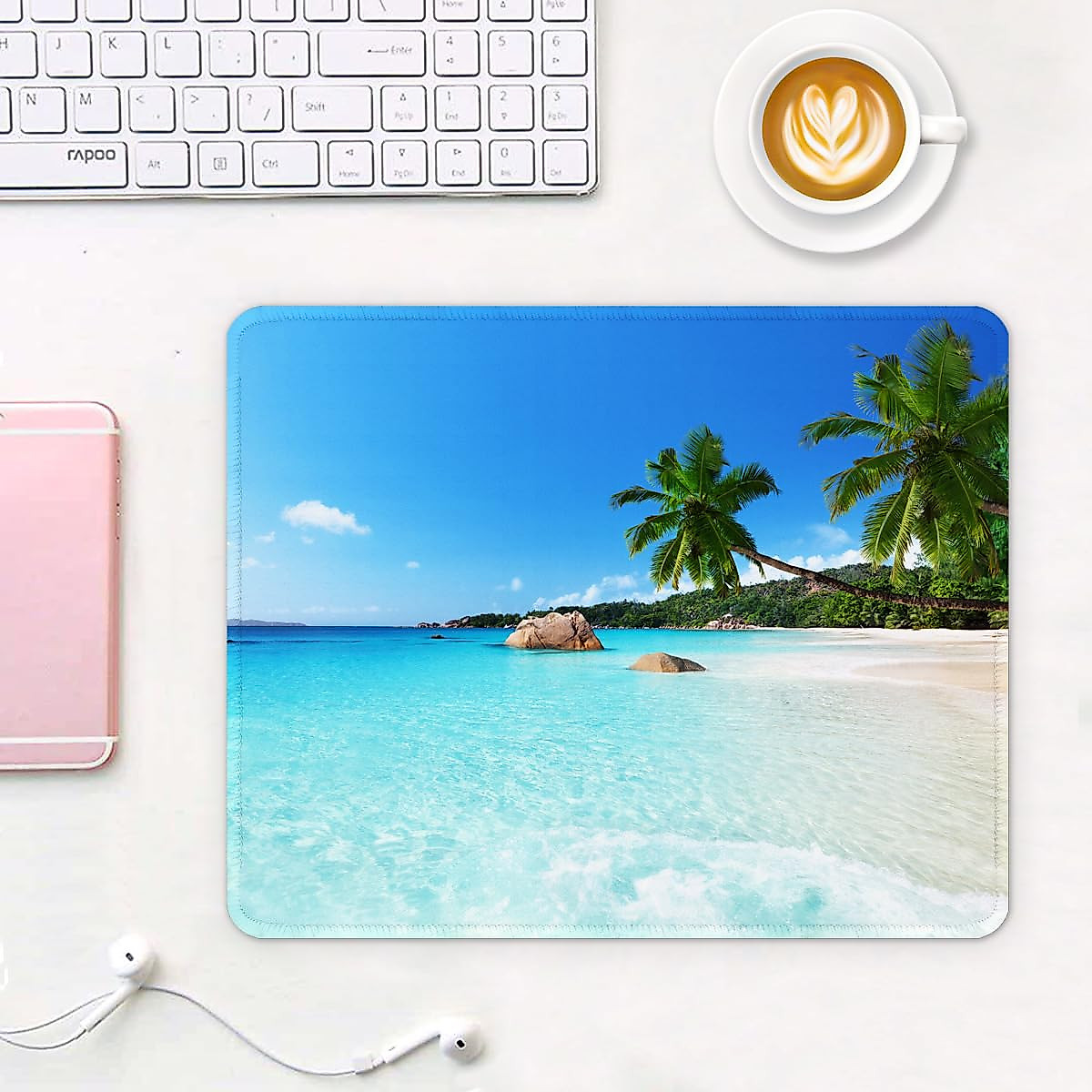 Auhoahsil Mouse Pad, Square Beach Style Anti-Slip Rubber Mousepad with Durable Stitched Edges for Gaming Office Laptop Computer PC Men Women Kids, Cute Custom Pattern, Beach and Coconut Trees Design