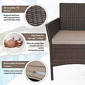 PayLessHere 3-Piece Outdoor Wicker Conversation Bistro Set Outdoor Patio Porch Furniture Sets for Yard, Garden with 2 PE Rattan Wicker Chairs, 2 Cushions,1 Coffee Table (Khaki)