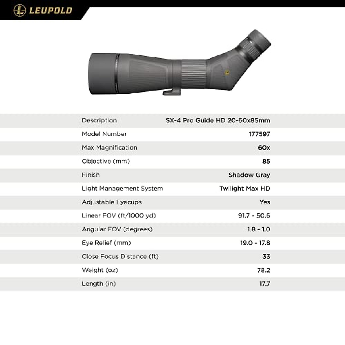 Leupold SX-4 Pro Guide HD 20-60x85mm Spotting Scope