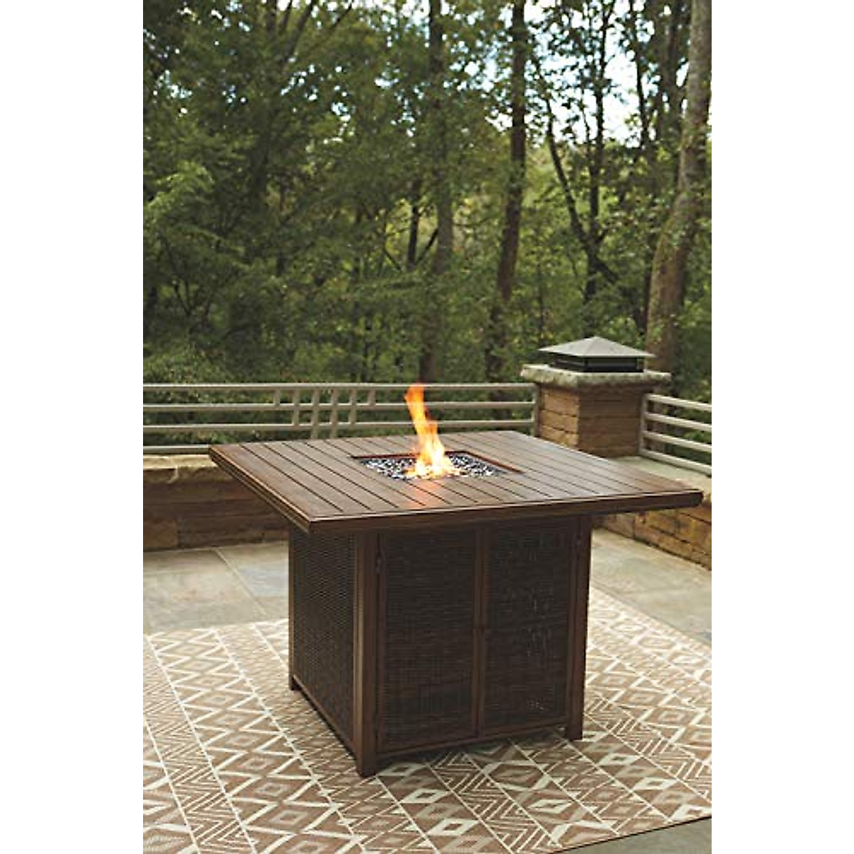 Signature Design by Ashley Paradise Trail Square Bar Table with Fire Pit, Medium Brown & Paradise Trail Outdoor 27.5" Wicker Patio Barstool, 2 Count, Brown
