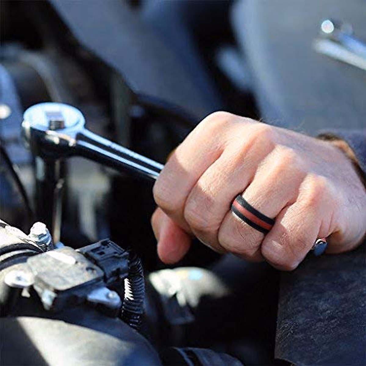 ROQ Silicone Rubber Wedding Ring for Men, Comfort Fit, Men's Wedding Band, Breathable Rubber Engagement Band, 8mm Wide 2mm Thick, Dome Style Middle Line, Solid Stripes, Single, Black & Red, Size 8