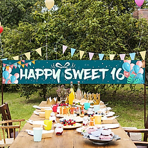 Vlipoeasn Sweet 16 Birthday Decorations for Girls 16th Birthday Banner, Teal Happy Sweet 16 Birthday Decorations, Happy 16th Birthday Yard Sign Sixteen Birthday Decor Photo Prop (9.8x1.6ft) (Teal)