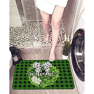 Green Plaid Bath Mat for Tub,Non Slip Bathroom Floor Runner Rug Quick Dry & Absorbent Diatomaceous Earth Kitchen Room Shower Sink Washable Doormat,Country Leaves Flower Plaid Grey Garland 16"x24"