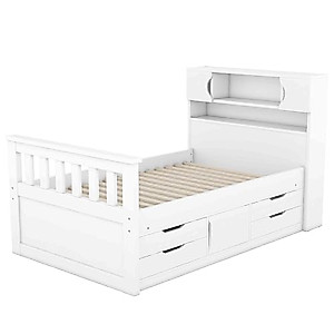 ATY Twin Size Platform Bed with Storage Headboard and 4 Pull-Out Drawers, Wooden Captain Bedframe w/Footboard & Cabinet, Save Space Design, No Box Spring Needed, White