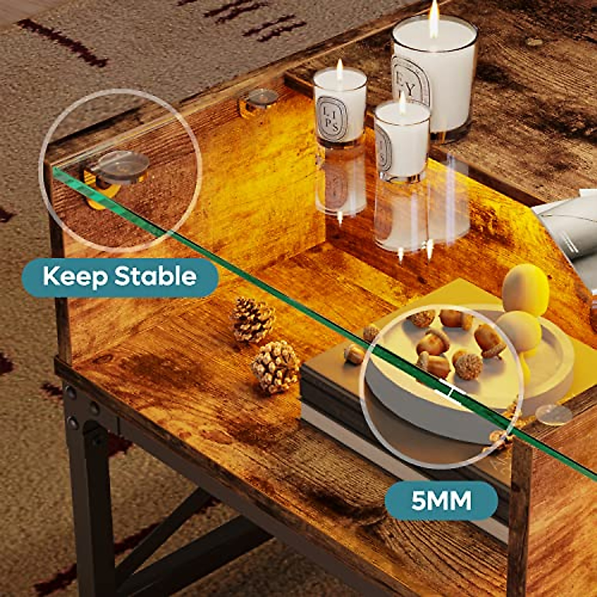 Bestier LED Coffee Tables for Living Room, 42 Inch Wood Center Table with Glass Top for Game Night. Living Room Tables Rustic Brown