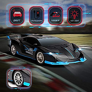 KULARIWORLD Remote Control Car for Boys Fast 1/18 Scale Rechargeable RC Vehicle Cars Toys Xmas Gifts for Kids High Speed with Headlights (Black Blue)