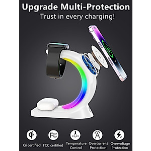 Mag-Safe 3 in 1 Wireless Charging Station, [6-Color RGB Light] 15W Fast Magnetic Wireless Charger Stand for Multiple Devices Apple, for iPhone 15 14 13 12 Pro Max/Plus/Pro, for iWatch 2 to 9
