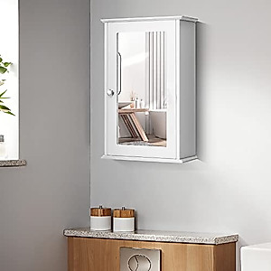 Tangkula Mirrored Bathroom Cabinet, Wall Mount Storage Cabinet with Single Door, Bathroom Medicine Cabinet (White)