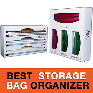 White Ziplock Bag Storage Organizer for kitchen Drawer | Plastic Wrap Organizer Dispenser with Cutter| Bamboo Ziploc Baggie Holder | Compatible with Ziploc Baggie Organizer | Bamboo Plastic Bag Dispenser for Gallon, Quart, Snack Sandwich bags & Plastic Fo