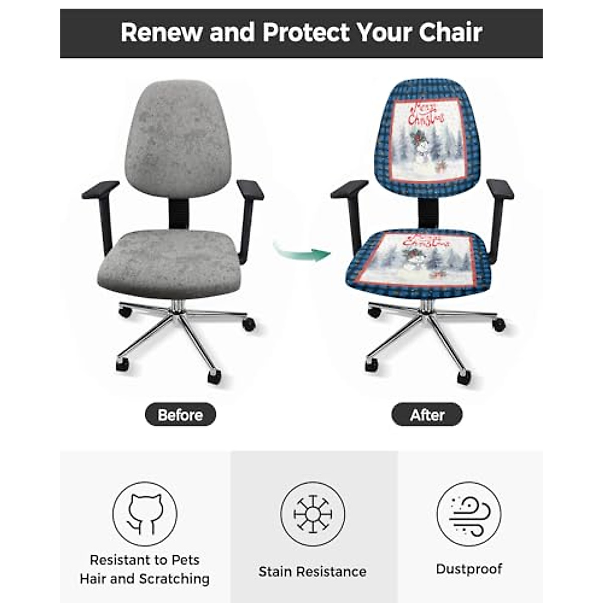 Christmas Plaid Snowman Office Chair Cover Stretchable Computer Chair Seat Cover Backrest Slipcovers, Stretchable Rotating Desk Chair Seat Cushion Split Protectors Buffalo Snowflake Snow Tree