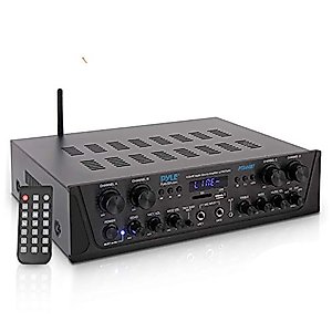 Pyle 500W Karaoke Wireless Bluetooth Amplifier - 4 Channel Stereo Audio Home Theater Speaker Sound Power Receiver w/AUX in, FM, RCA Subwoofer Speakers Out, USB, Microphone in w/Echo - Pyle PTA44BT.5