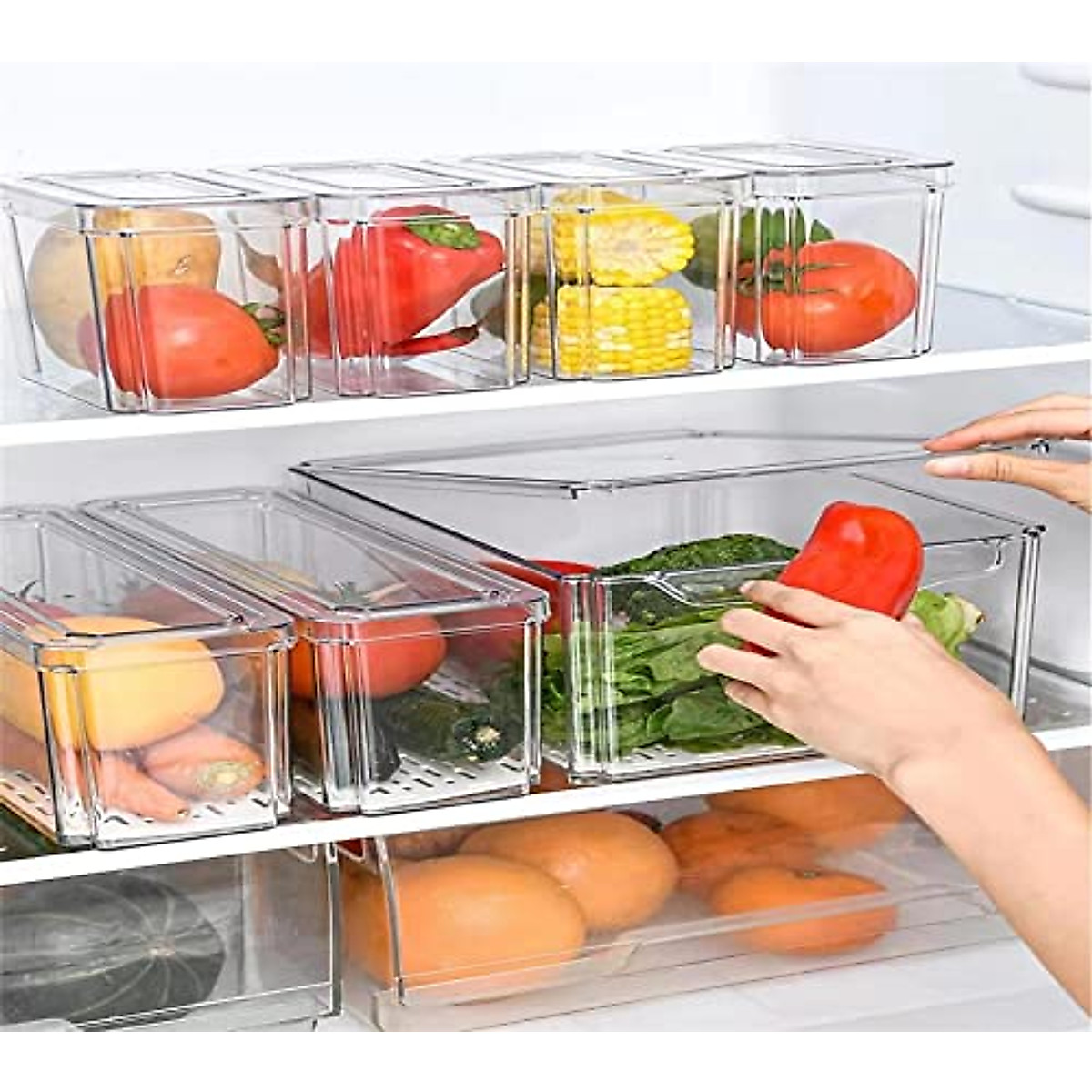 Yustuf 7-pack Stackable Refrigerator Organizer Bins with 3 Liners, Fridge Organizers and Storage Clear Plastic Pantry Organization and Storage Bins with Lids Fruit Vegetable Storage Containers