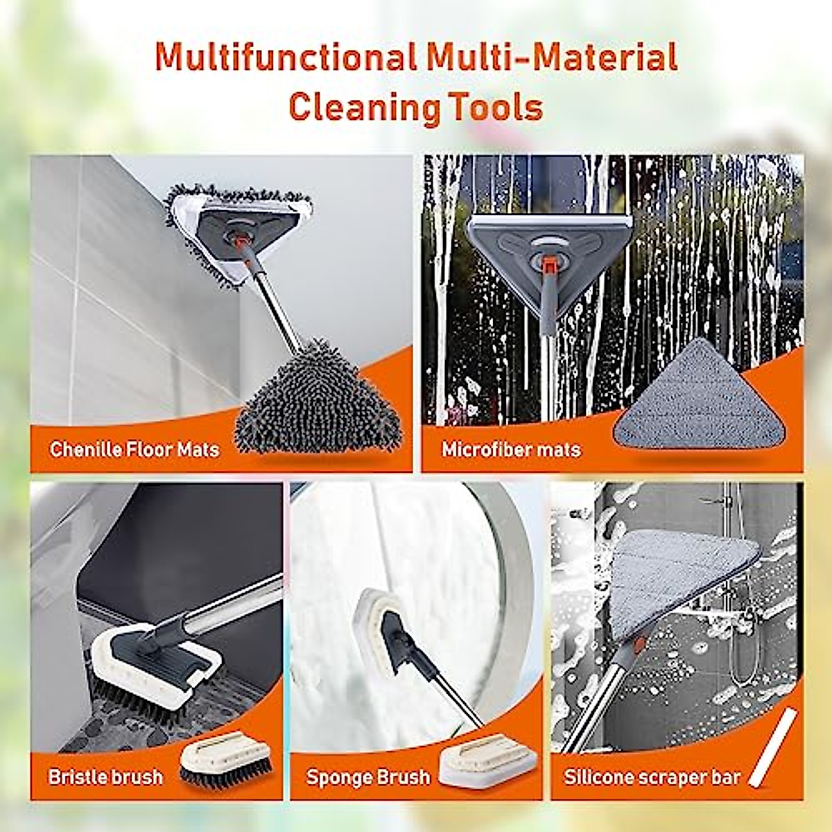 80 Inches Wall Mop with Long Handle Ceuku Wall Cleaner Mop with Extension Pole 39" to 80" Wall Duster With 3 Replacement Pad and 2 Tile Tub Brush, Wall Cleaner Mop for Cleaning Ceiling Window Tile Tub