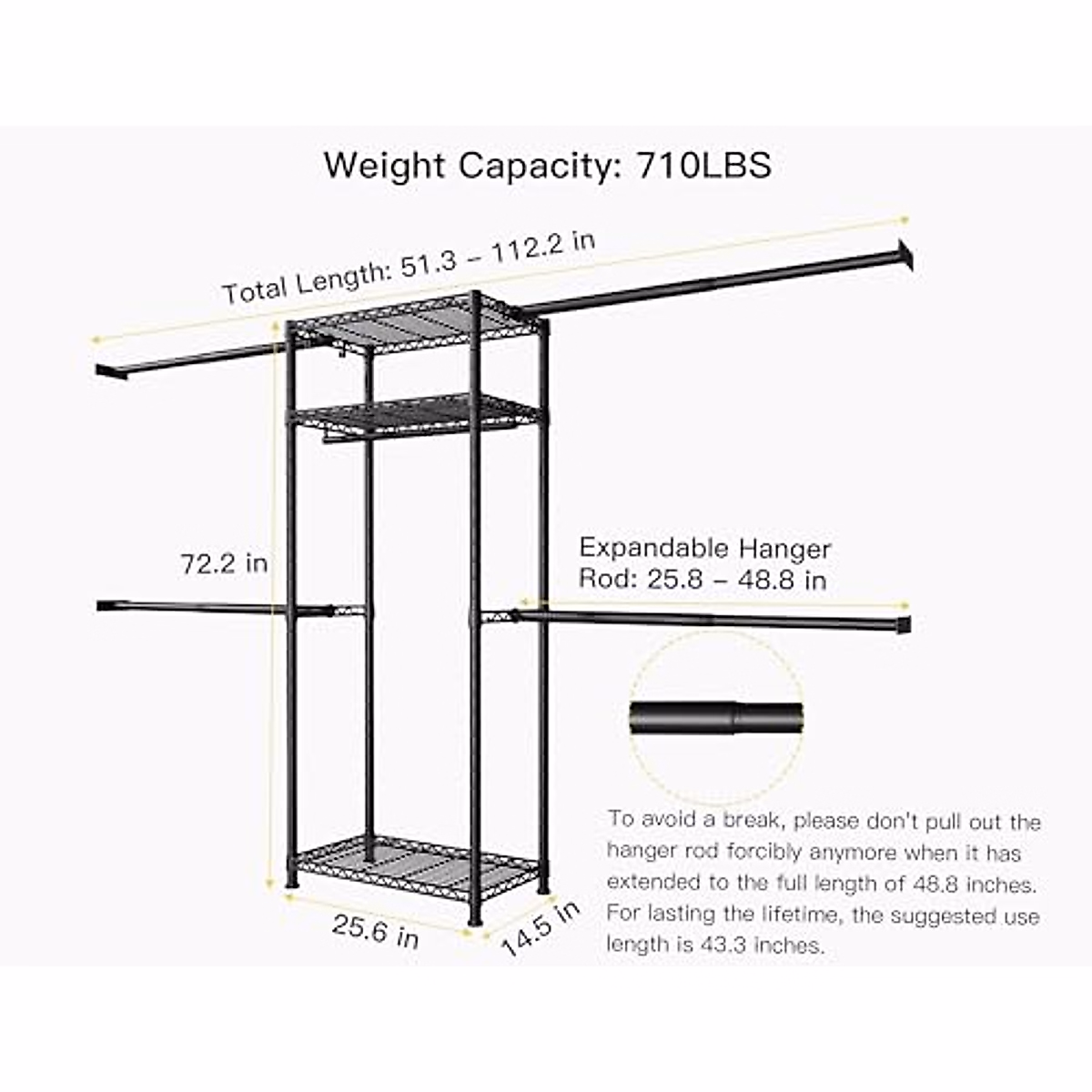 Ulif M3 Clothes Rack Closet Organizer and Storage System 3 Tiers Built-in Wall Mounted Heavy Duty Garment Rack with 4 Expandable Hanger Rods, Fits Space 4.3-9.3 ft, 72.2"H, Load Capacity 710LBS, Black