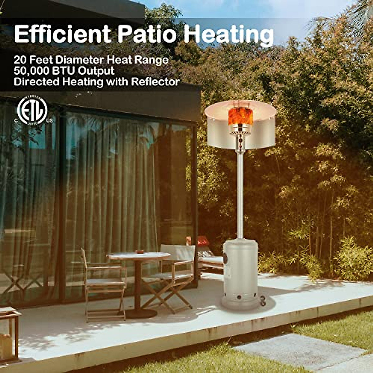 Hykolity 50,000 BTU Propane Patio Heater with Reflector, Stainless Steel Burner, Triple Protection System, Wheels, Outdoor Heaters for Patio, Garden, Commercial and Residential, Silver