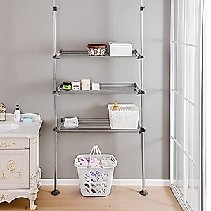 BAOYOUNI 3 Tiers Laundry Room Shelf Clothes Garment Rack Organizer Over Toilet Washer Dryer Storage Shelving Stand Double Tension Pole Extendable Bathroom Space Saver, Large Shelves - Grey