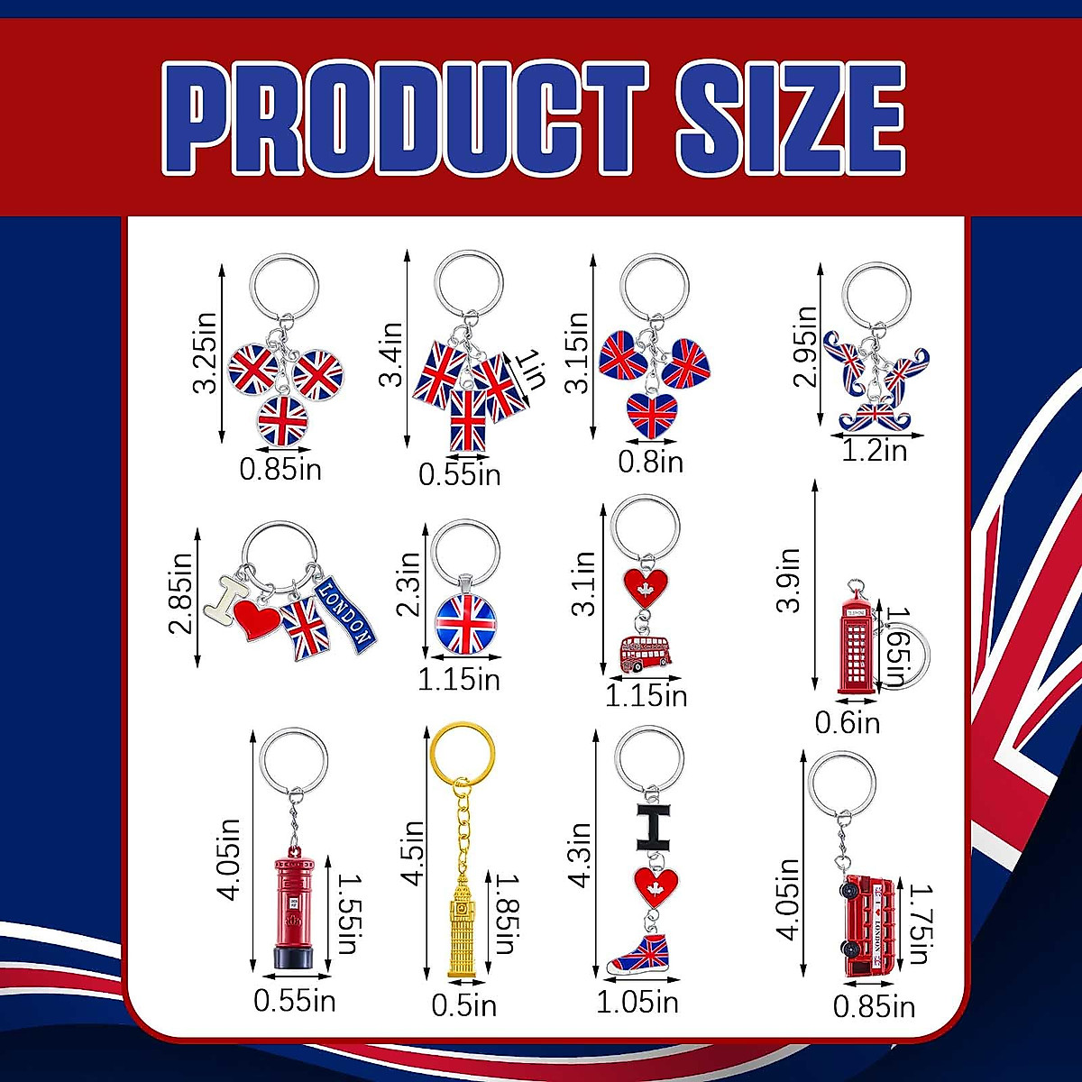 Henoyso 12 Pack London Souvenir Keychains UK Flag Keyrings for British Christmas Gifts Party Decorations, Multi Styles