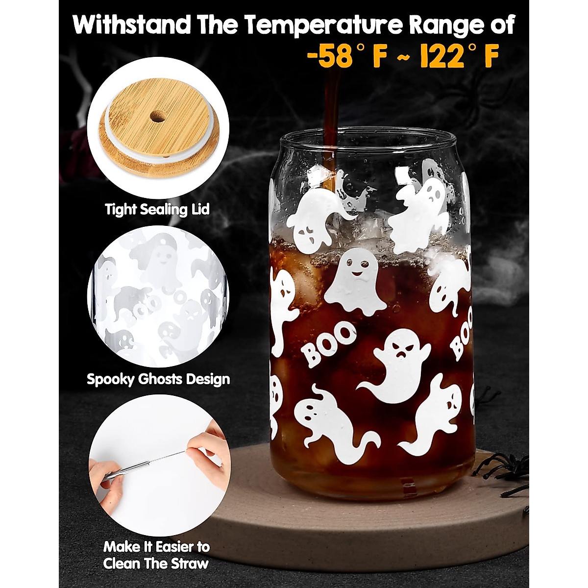 Halloween Ghosts Beer Can Glass Fall Iced Coffee Glass 16 OZ Spooky Mason Drinking Jar Glass with Lid Metal Straw And Cleaning Brush Bubble Tea Cups October Boo! Party Gifts for Him Her Soda, Tea