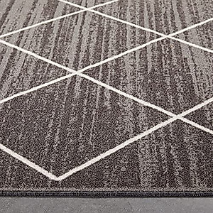 Well Woven Non-Slip Rubber Back (5' x 7') Diamond Lattice Print Grey Thin Pile Machine Washable Indoor Outdoor Area Rug