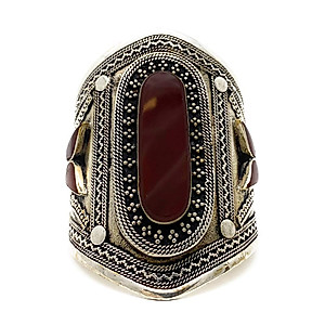 Duel On Jewel Afghan Tribal Womens Handmade Oxidized Engraved Big Vintage Cuff in Red Stone - Boho Chic Trendy Stylish