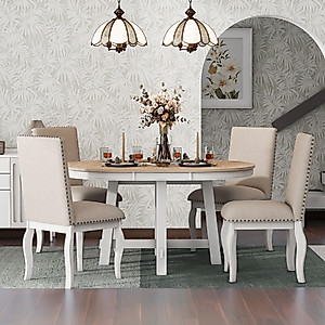 WADRI 5-Piece Dining Table Set with Solid Wood Round Extendable Dining Table and 4 Upholstered Chairs, Farmhouse Rustic Dining Set for 4, Suitable for Kitchen Dinning Room