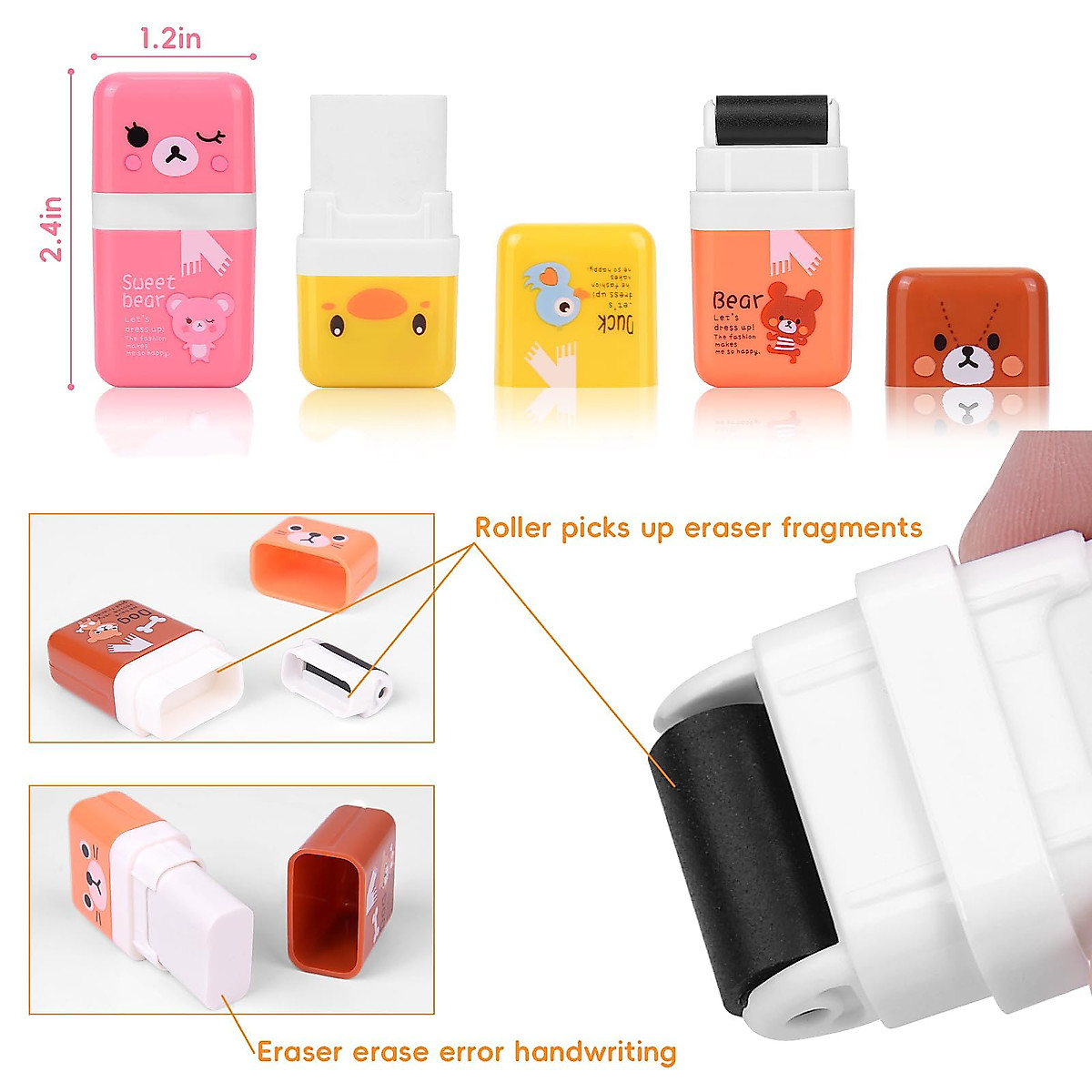 EIKOSON Erasers for Kids,6Pc Pencil Eraser Shaving Roller Case for Easy Pick Up and Removal |Kids Erasers, Cute Erasers, School Supplies for Kids,Back to School Gift