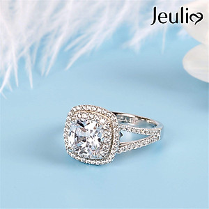 Jeulia Brilliant Diamond Band Rings for Women Halo Split Shank Cushion Cut 925 Sterling Silver Ring Wedding Engagement Anniversary Promise Ring Bridal Sets (8.0(U.S))
