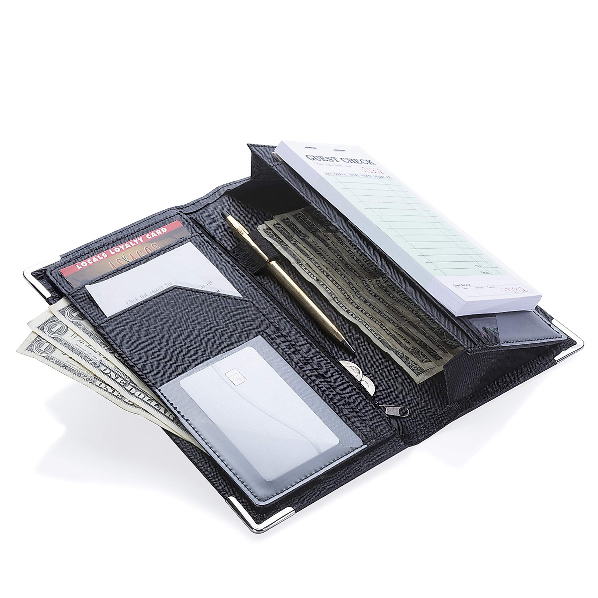 Sonic Server 5x9 11-Pocket Server Book Organizer with Double Magnetic Pockets, Zipper Pouch & Pen Holder for Waitress Waiter Waitstaff | Cross-Textured Black | Fits Apron Holds Guest Checks