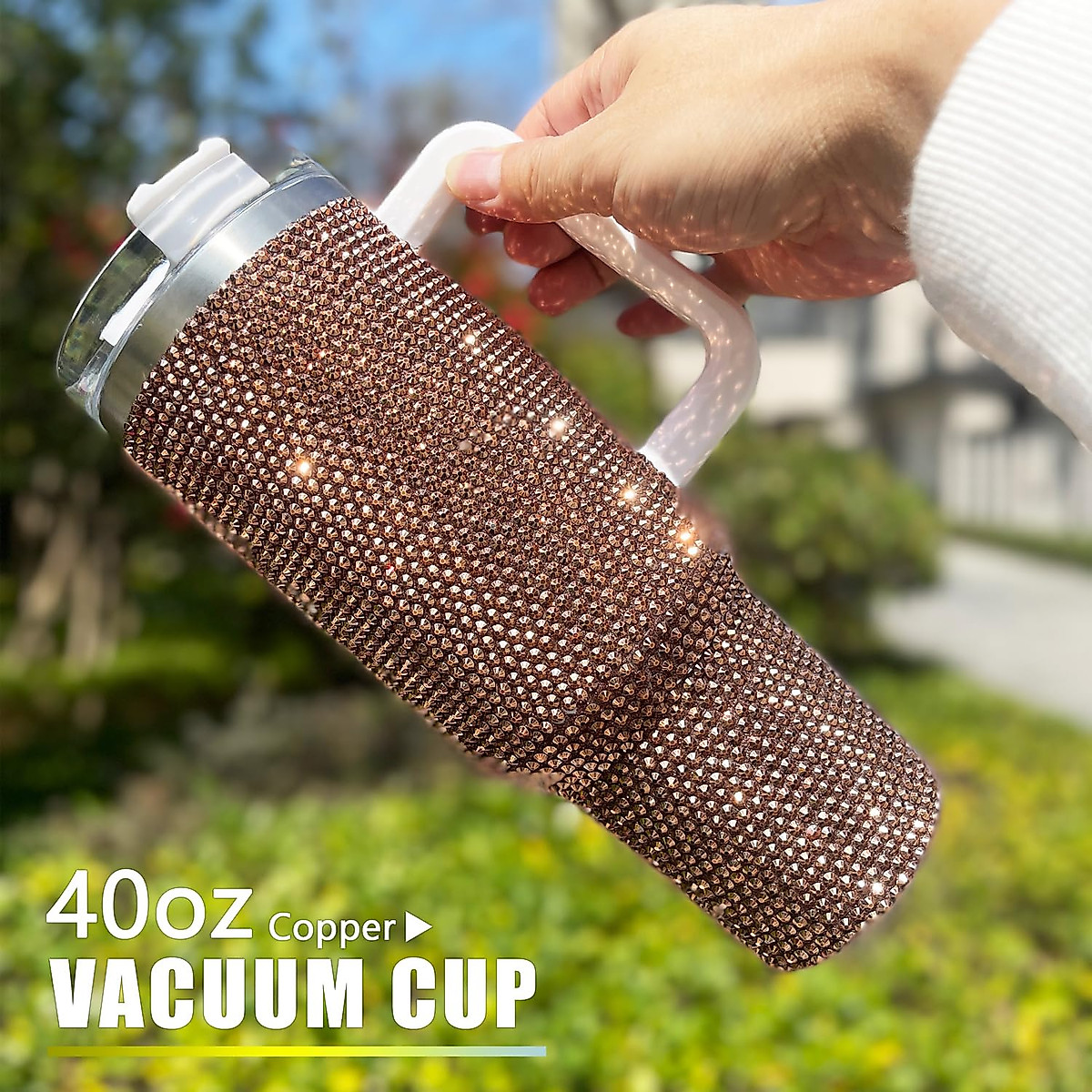 Cupcupmore 40oz Copper Bling Rhinestone Stainless Steel Sippy Tumbler Glitter Vacuum Insulated Water Bottle with Straw & Lid &Handle,Thermos for Hot & Cold Drinks,Car Cup Holder,Coffee