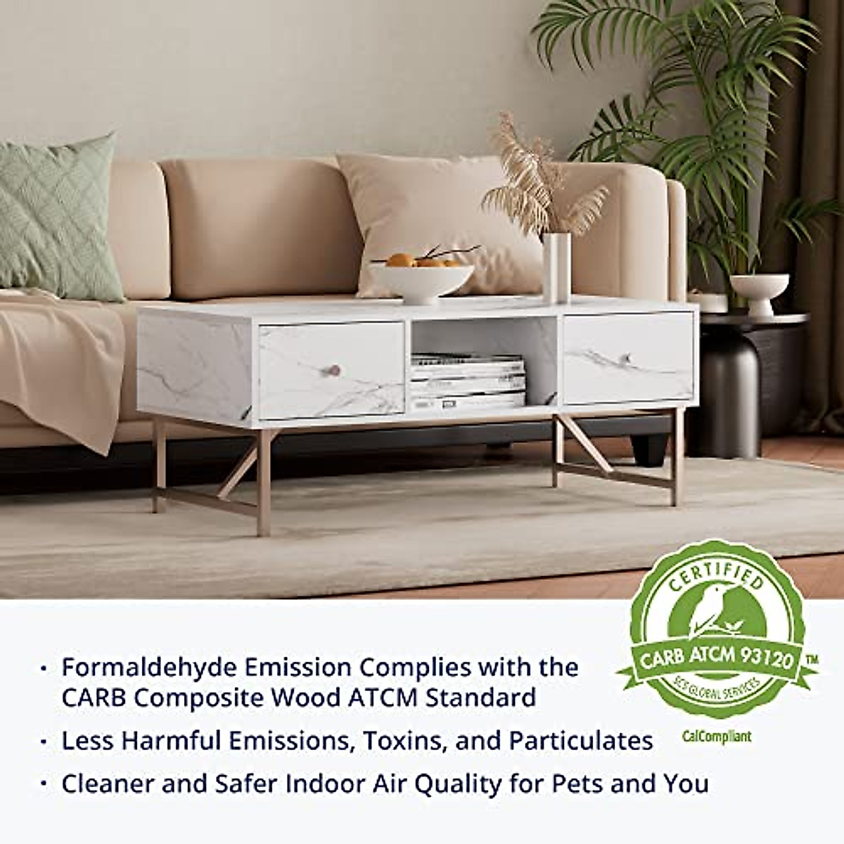 Cozy Castle Coffee Table with Drawers, 43" Mid Century Modern Coffee Table with Storage, Coffee Table with Metal Legs, Wood Small Coffee Table for Living Room, Bedroom and Office, White