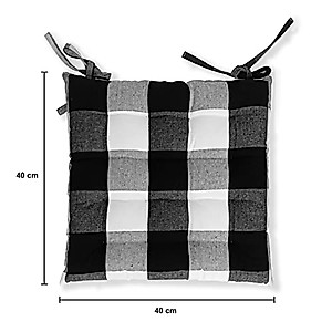 Encasa Homes Chair Cushions 40x40 cm with Ties 4 pcs - Buffalo Black Checks - Stripe Cotton Fabric, Rich Square Seat Cushions Micro-Fiber Filling, Large Size for Sitting, Sofa, Dining Table & Outdoor