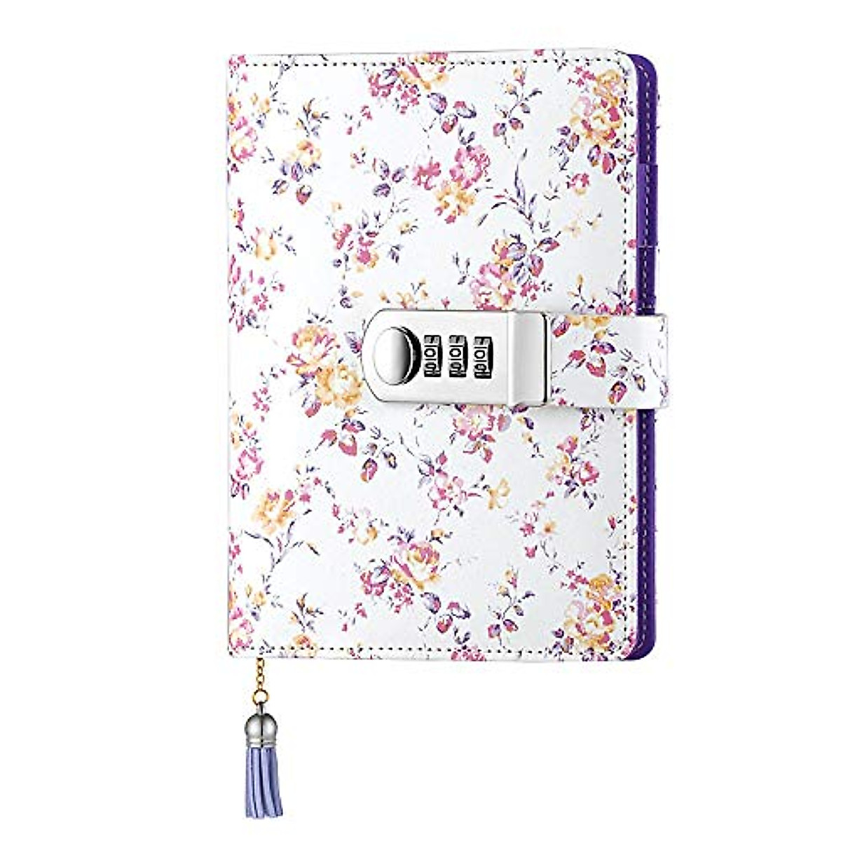JunShop Floral Password Diary with Lock A6 Refillable Locking Journal PU Leather Combination Locked Diary Journal (Purple)