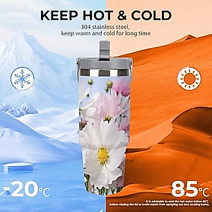 BWQJKUO Large Capacity Car Cup 30 Oz Stainless Steel Pink And White Flowers Printed Travel Mug Leak-proof Flip Straw Tumbler with Handle,keeps Cold Or Ho